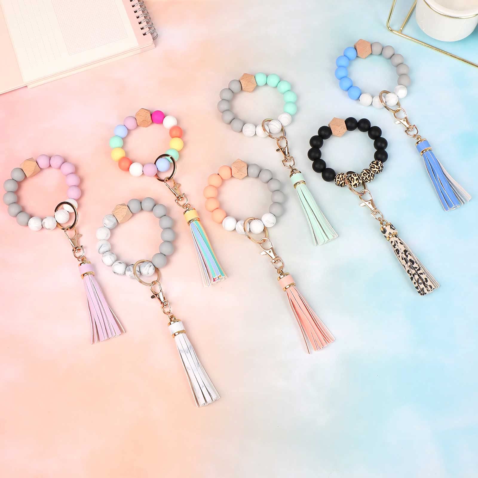BAOSIWA Women Silicone Bracelet Keychain Wristlet Beaded Key Ring Leopard Bangle Chains with Leather Tassel