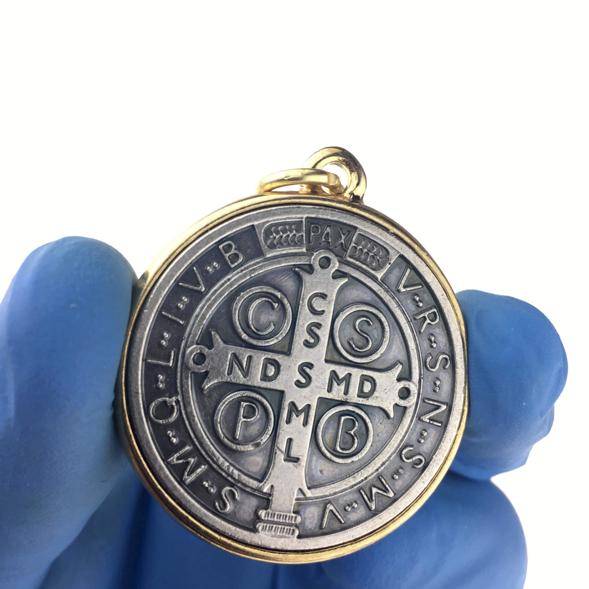 Bling Cartel Medalla De San Benito Saint St Benedict Two Tone Medallion Antiqued Silver & Gold Finish 35mm Medal