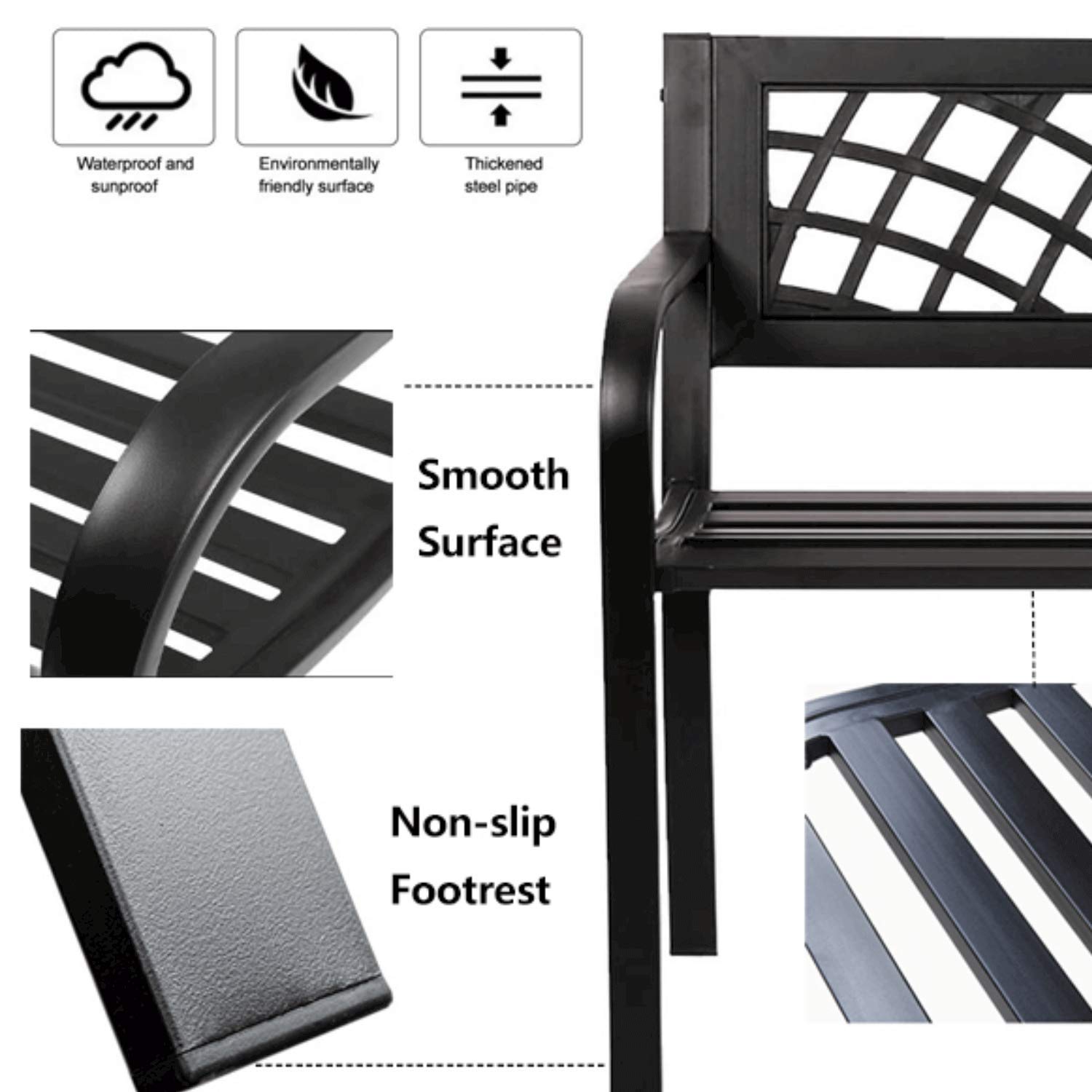 HomeClever Metal Garden Park Bench, 45.5inch Powder Coated Cast Iron PVC Mesh Pattern Design Patio Bench w/Armrests Sturdy Steel Frame, Outside for Front Porch Path Yard Lawn Deck Furniture, Black