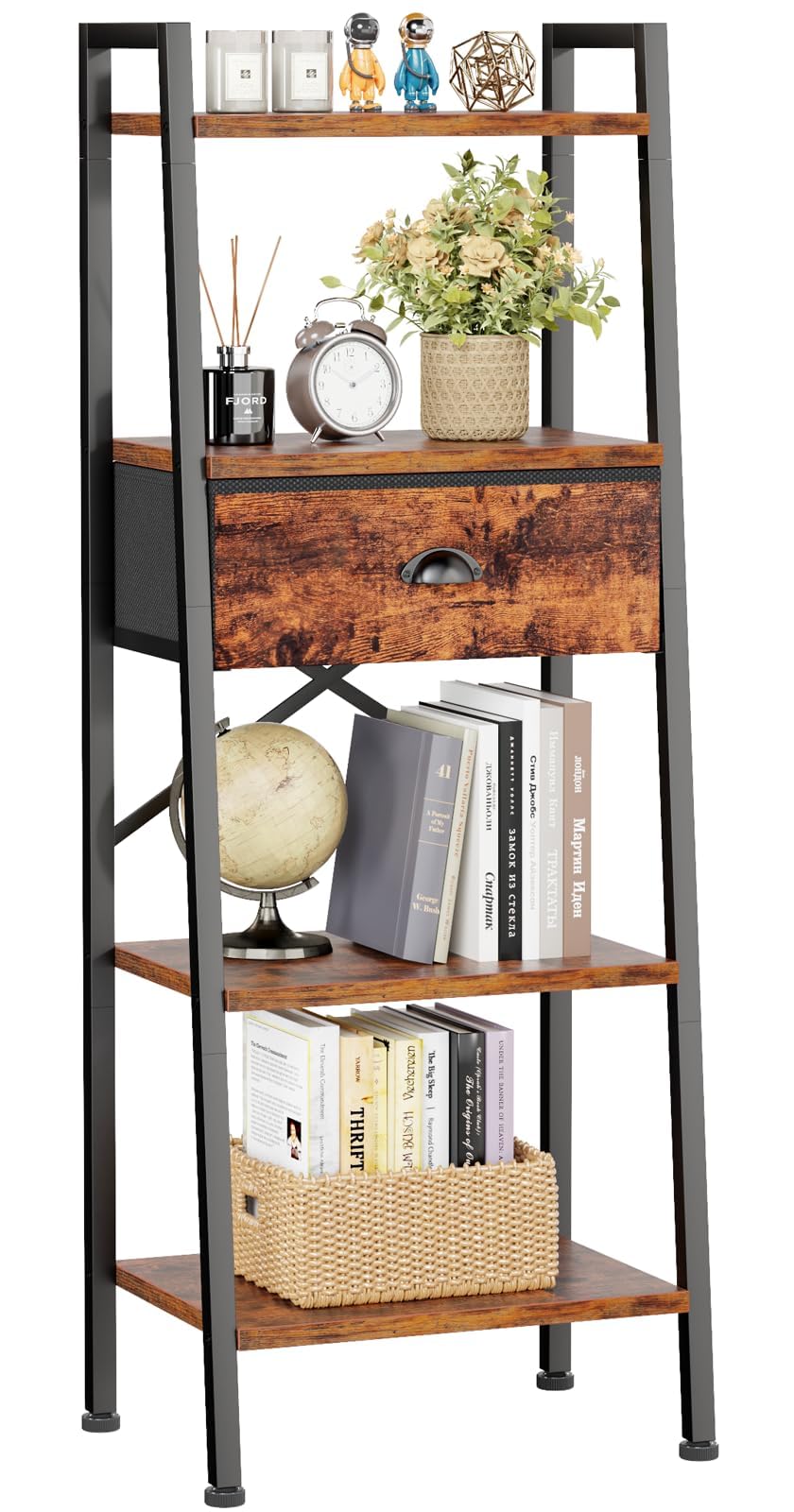 Furologee 4 Tier Ladder Shelf, Narrow Ladder Book Shelf with Drawer, Modern Bookcase Freestanding Shelf Units, Storage Shelves Organizer for Bedroom, Living Room, Bathroom, Home Office, Rustic Brown