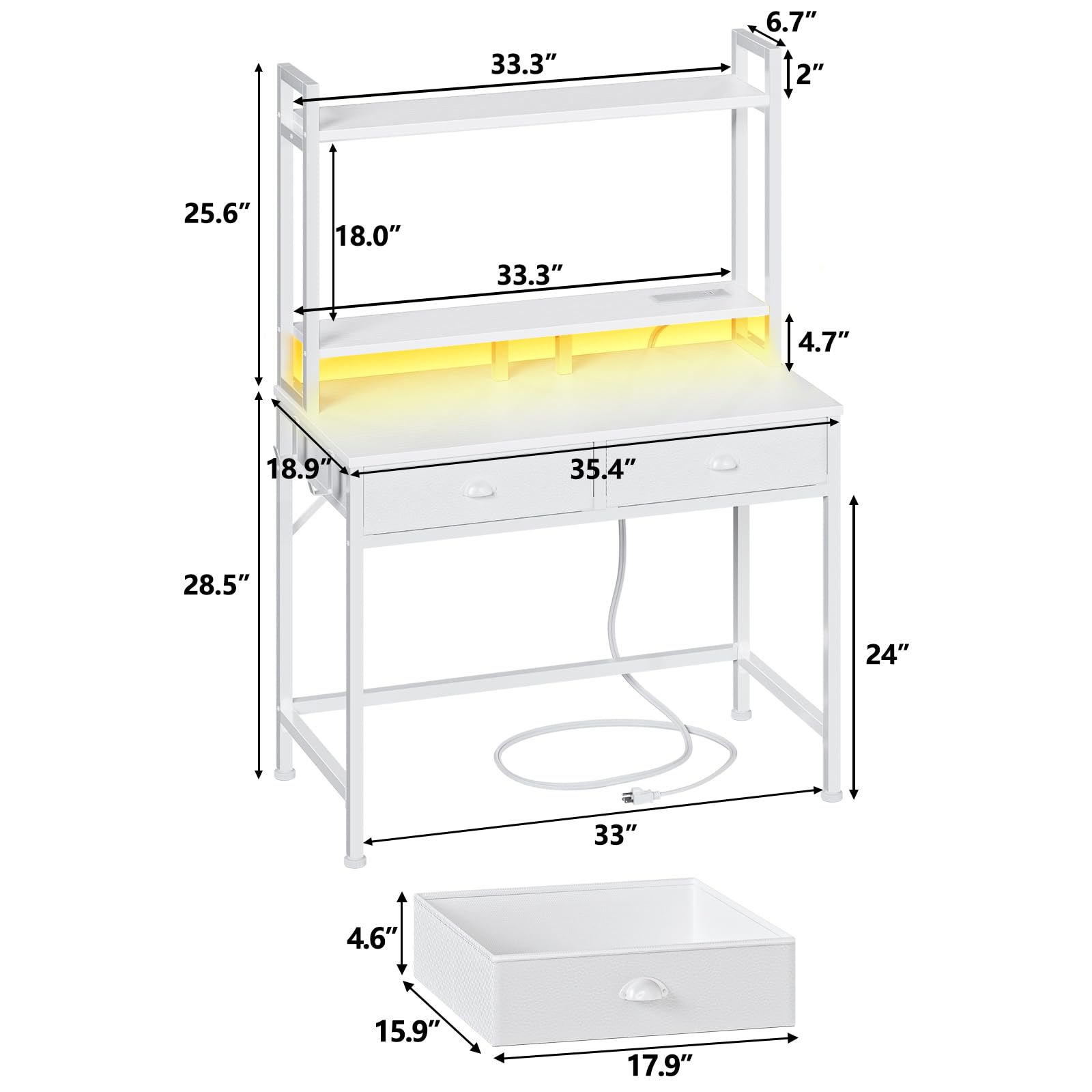 Furologee Small White Desk with Drawers, 36 Inch Home Office Computer Desk with Power Outlet and LED Light, Vanity Desk with Storage Shelves, Modern Work/Writing/Study Table for Bedroom, White