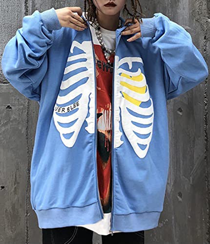 EMILYLE Women Oversized Zip Up Hoodie Fashion Long Sleeve Graphic Skeleton Sweatshirt Cool Outwear(blue-1,L)