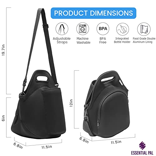 Essential Pal Black Insulated Lunch Bag Tote β Thick, Durable Neoprene Lunch Bags with Double-Layer Insulation & Insulated Bottle Holder β Machine-Washable, Freezable Lunch Bag with Removable Strap