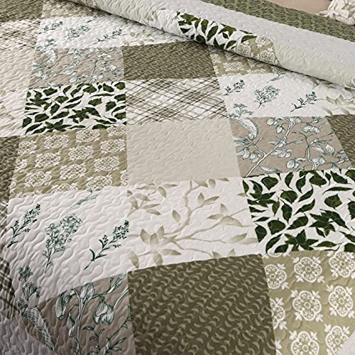 VINILITE Soft Reversible Quilt Set Queen Size, 3 Piece Microfiber Checkered Patchwork Quilted Bedspread Coverlet Bedding Set for All Season with 2 Pillow Shams, Leaf Plant Pattern Stitching, Green
