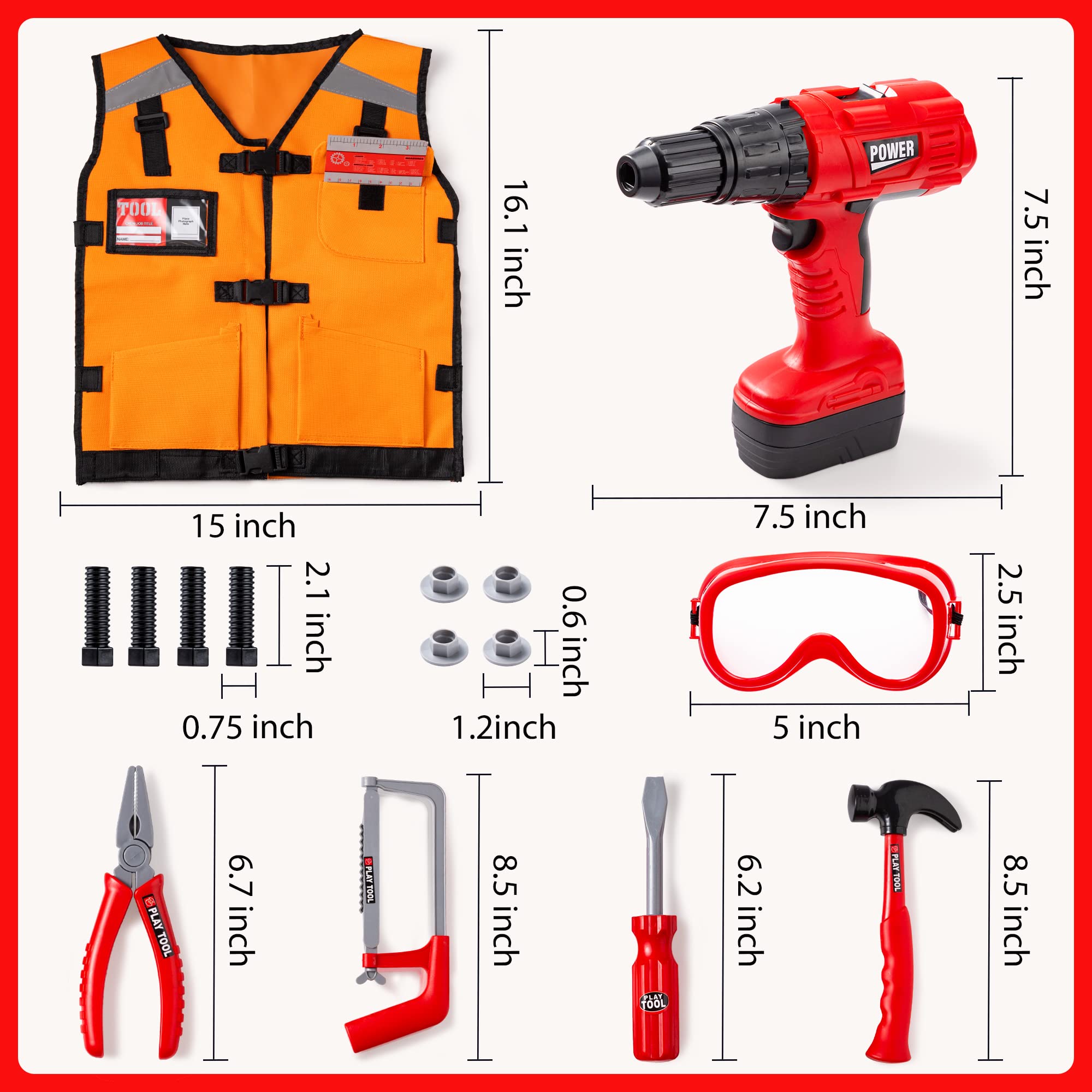 JOYIN 26Pcs Kid Tool Set, Pretend Play Toddler Tool Toy with Construction Worker Costume & Electronic Toy Drill in Storage Box for Boy Girl Halloween Present Birthday Dress Up Party