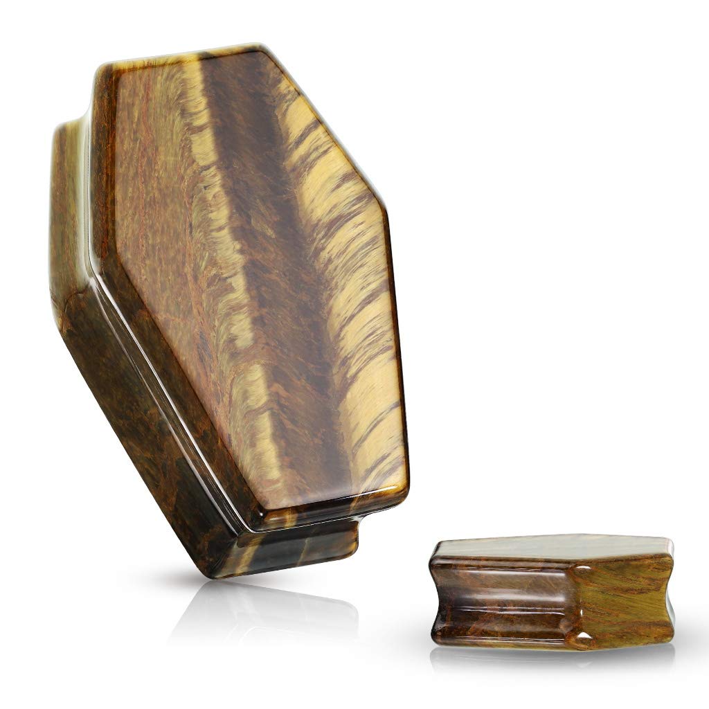 BODY DAZZ Pair 6mm-25mm Double Flared Natural Stone Coffin Plugs (Tiger Eye 7/8" (22mm))