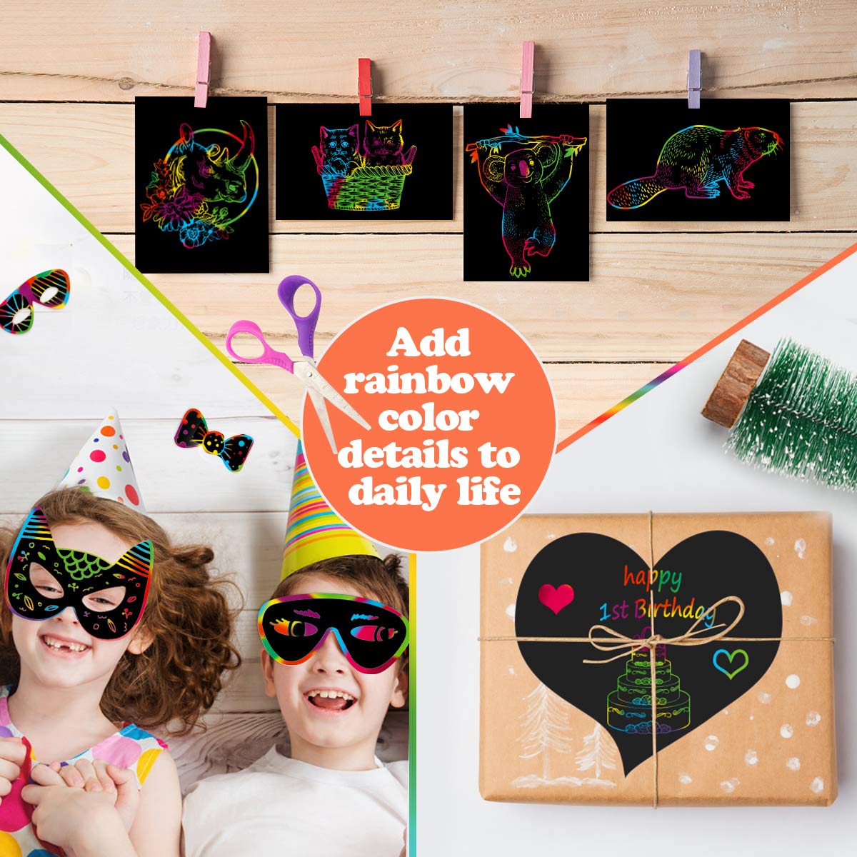 Mocoosy 3 Pack Rainbow Scratch Art Paper Notebooks, Magic Scratch Off Paper Set for Kids Arts Crafts, Black Scratch Note Doodle Pads for Drawing Christmas Gifts Birthday Game Coloring Activity