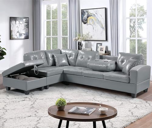 EMKK Variable Bed Sofa Living Room Folding Sectional Sofa with Reversible Chaise Lounge, Upholstered L-Shaped Couch with Two Cup Holders 2 Pillows for Office Apartment Large Space Furniture Sets