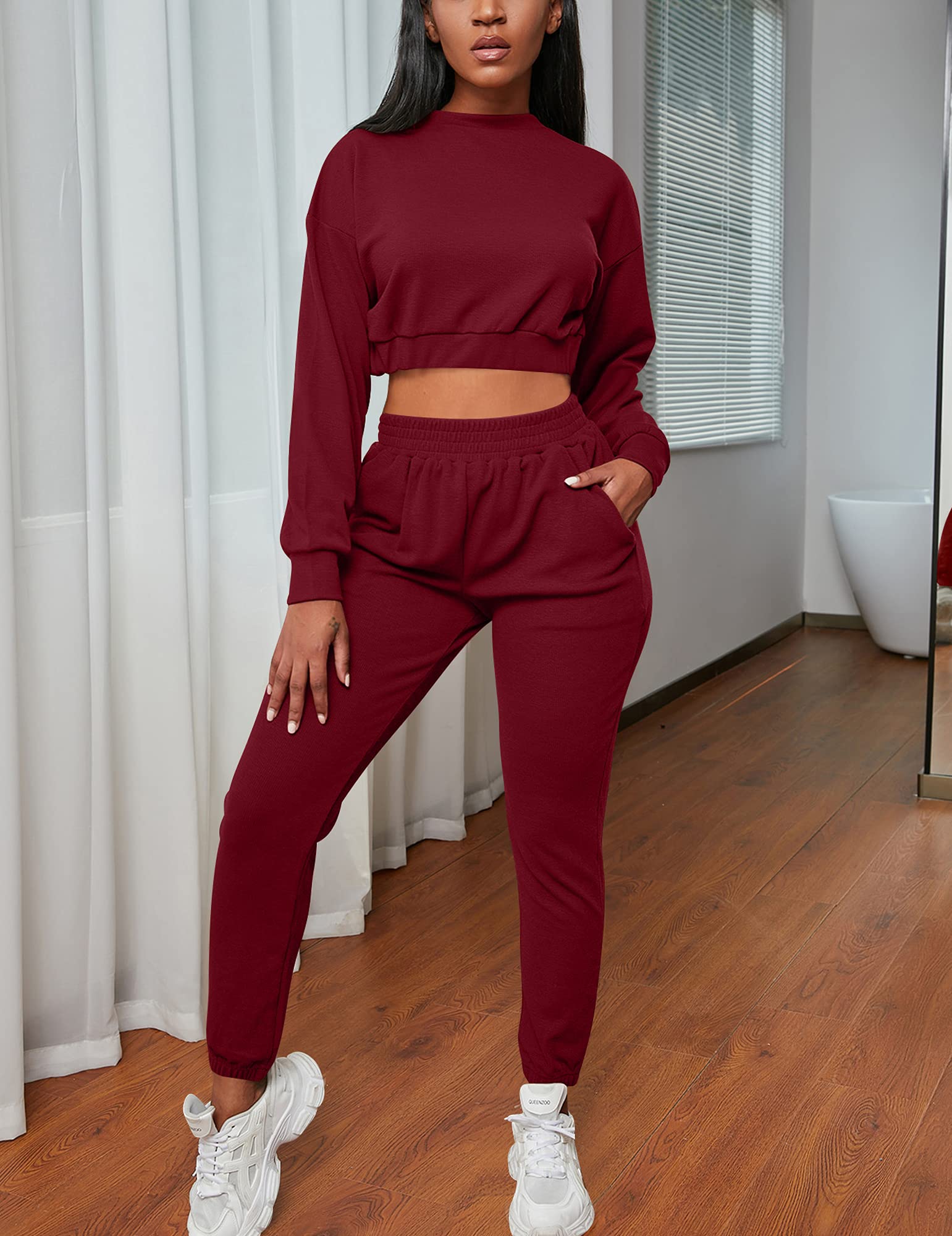 BORIFLORS Women's Workout Track Suit 2 Piece Outfits Long Sleeve Sweatsuits Jogger Pants Sets,Large,Wine Red