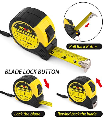 DOWELL Measuring Tape Measure 25ft Measurement Tape Steel Blade Shock Absorbent Solid Rubber Case Accurate Easy Read with Fractions 1/8 for Construction Contractor Carpenter Architect Woodworking (1)