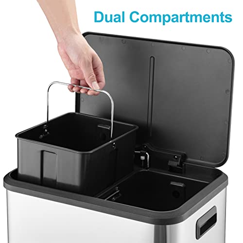 GlowSol Dual Trash Can for Recycling and Trash, 2 x 4 Gallon (30L) Stainless Steel Kitchen Trash Can with Lid and Foot Pedal, Double Compartment Garbage Can, Trash Can with Recycling Bin