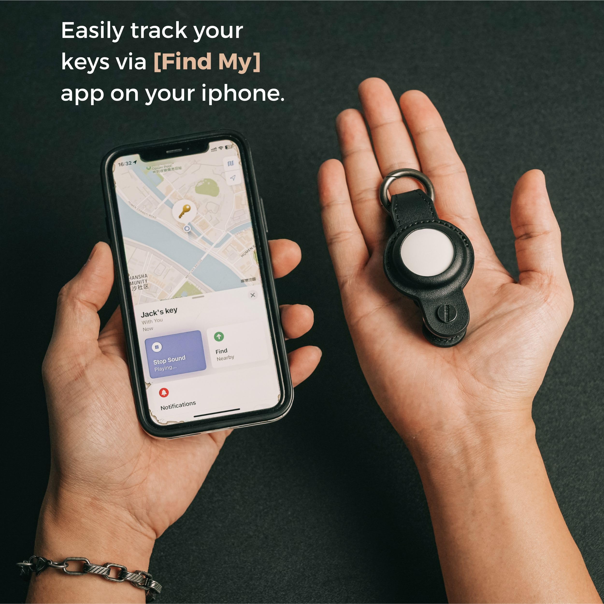 CAXGEK Air Tag Key Organizer, Compact Leather Keychain for Apple AirTag, Key Holder and Case with Keyring. [Black, without Airtag]