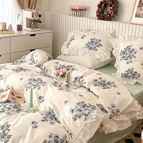 JamChe Lovely Pastoral Style Ink Paint Embroidered Flower Ruffle Lace Bedding 100% Cotton Quilt Cover Sheet Four Piece Set,L,14,Queen 180cm Bed 4pcs