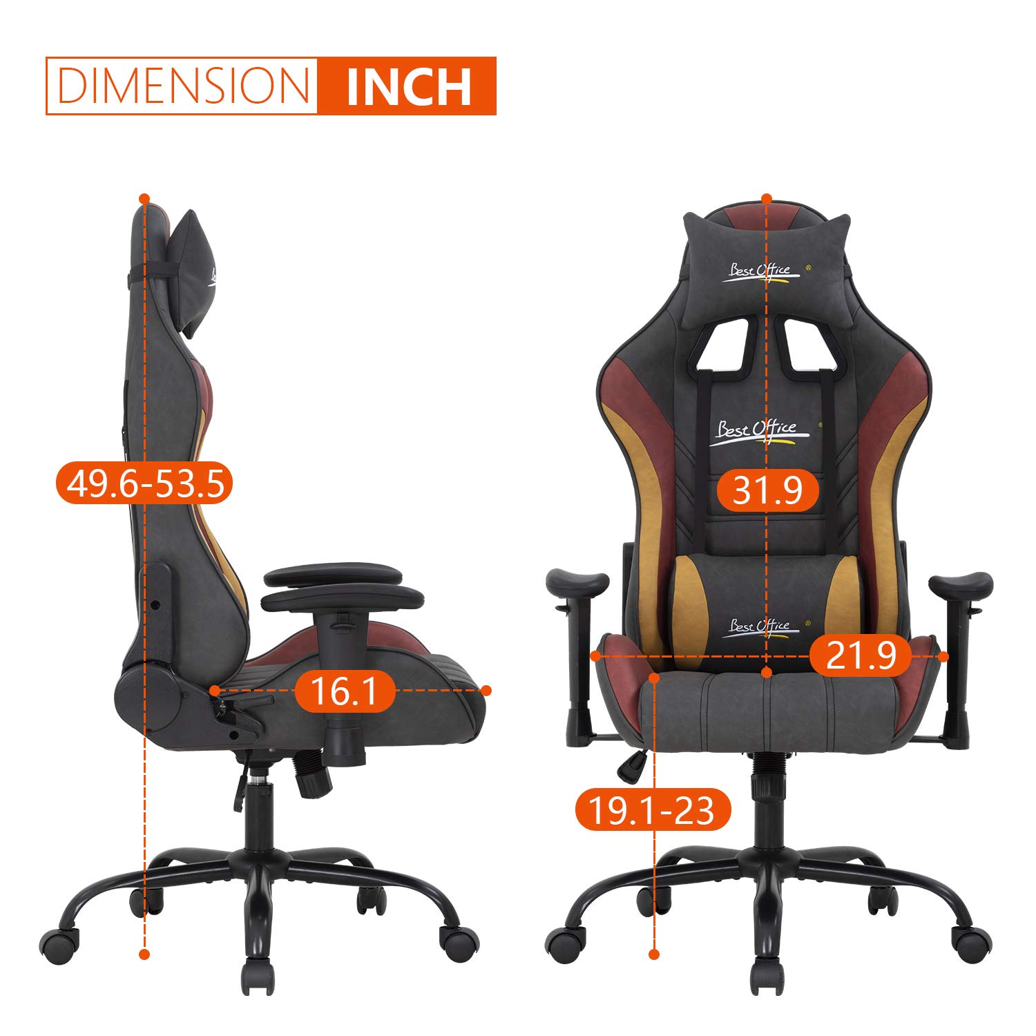 BestOffice Ergonomic Office Racing Computer Lumbar Support Headrest Adjustable Armrest Rolling Swivel Desk PU Leather E-Sports Task Chair, Red