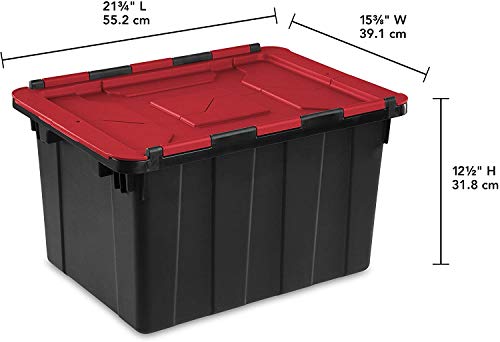 Sterilite 14619006 12 Gallon/45 Liter Hinged Lid Industrial Tote, Racer Red Lid w/ Black Base, 6-Pack
