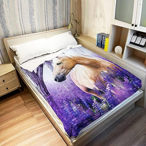 HommomH 40"x50" Horse Blanket with Purple Lavender, Super Soft Fleece Throw Blankets for Girls