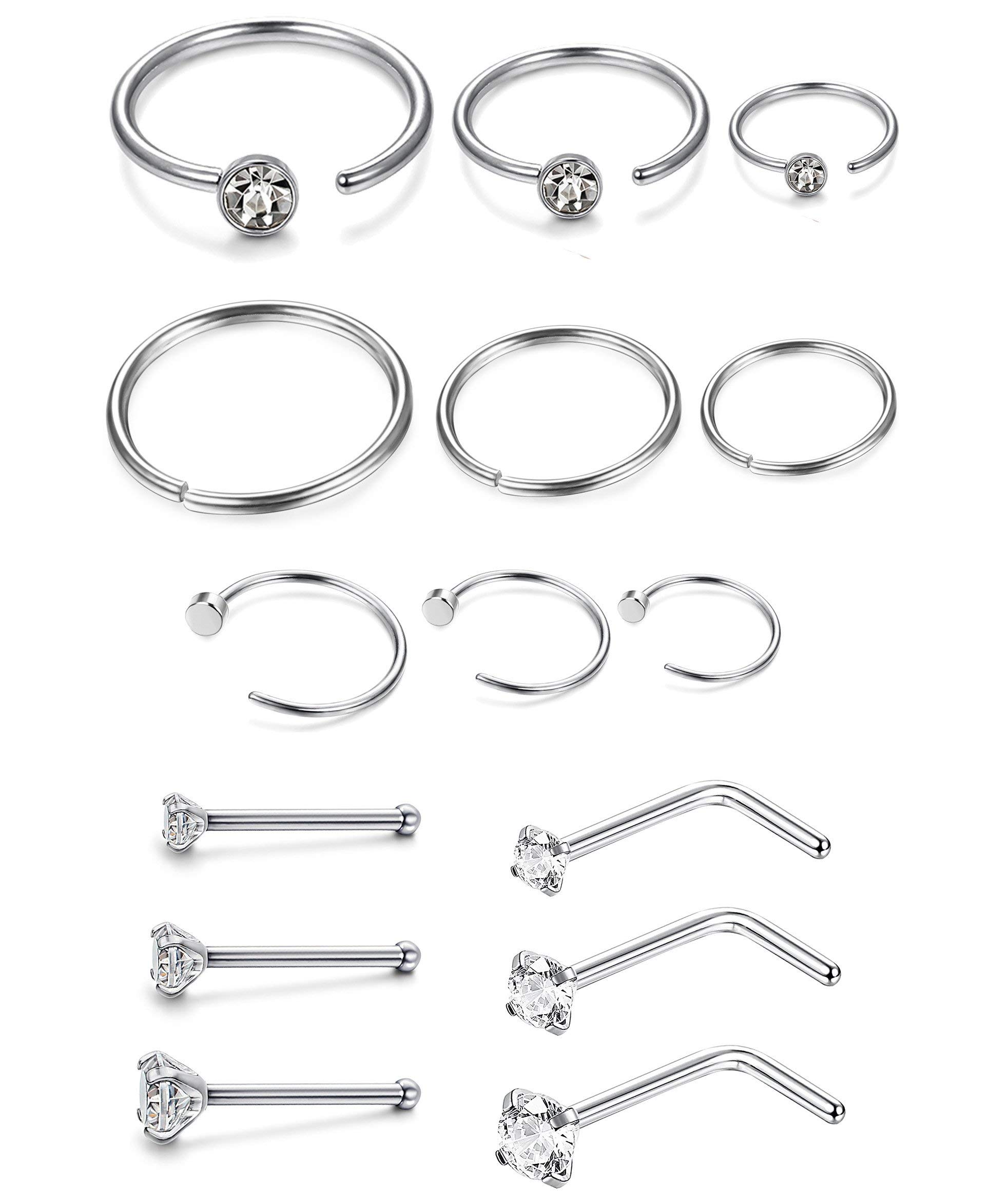 Jstyle 20G 15Pcs Stainless Steel Nose Rings Studs for Women Men Hoop Piercing Body Jewelry
