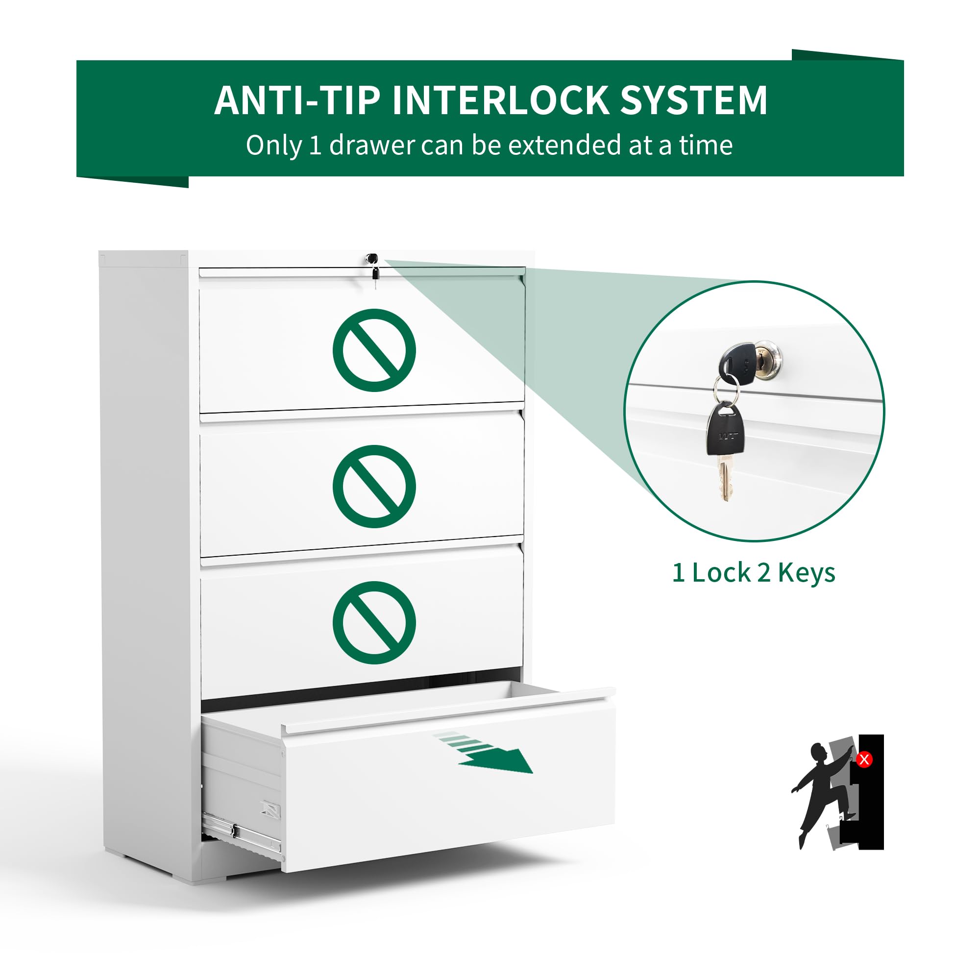 BIZOEIRON 4 Drawer Lateral File Cabinet and 2 Drawer File Cabinet with Lock, White