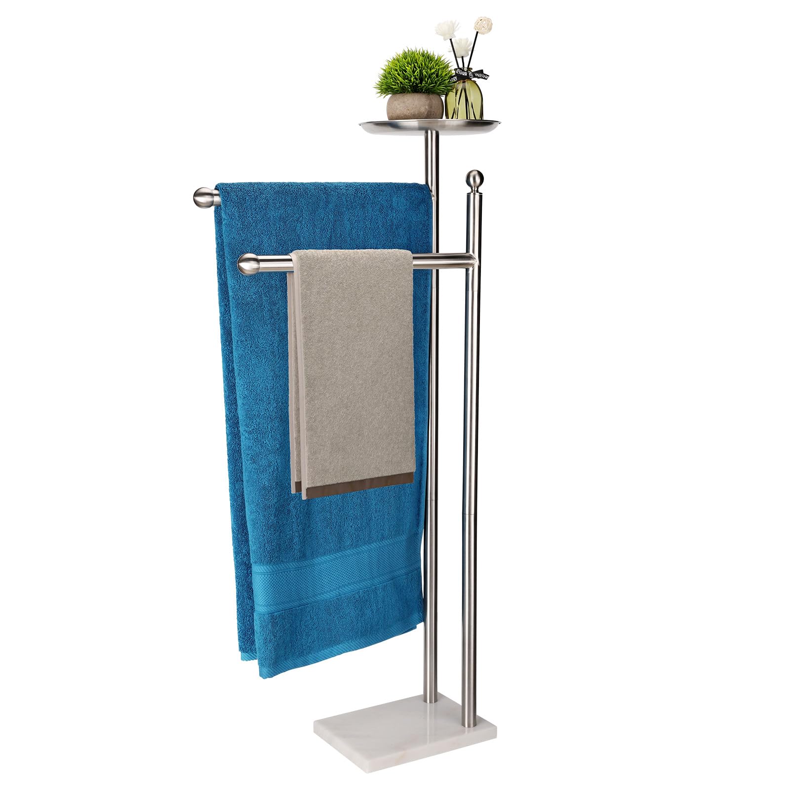 Songtec Towel Rack Stand for Bathroom, 2-Tier Towel Holder Stand for Bath Towels Max to 68â & 60â Long, Practical Shelf on Top for Phone, Shampoo, Body Wash