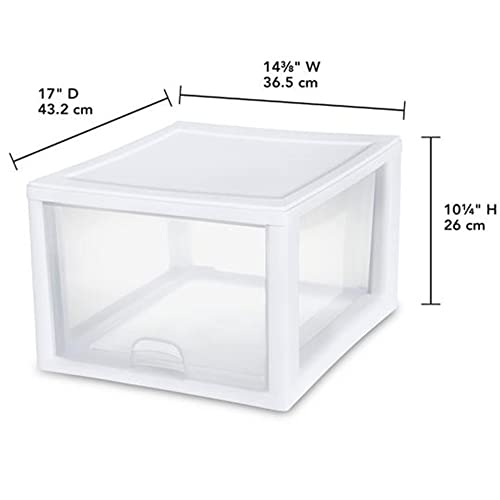 Sterilite 27 Quart White Frame Clear Plastic Stackable Storage Container Bin w/Single Drawer, 4 Pack