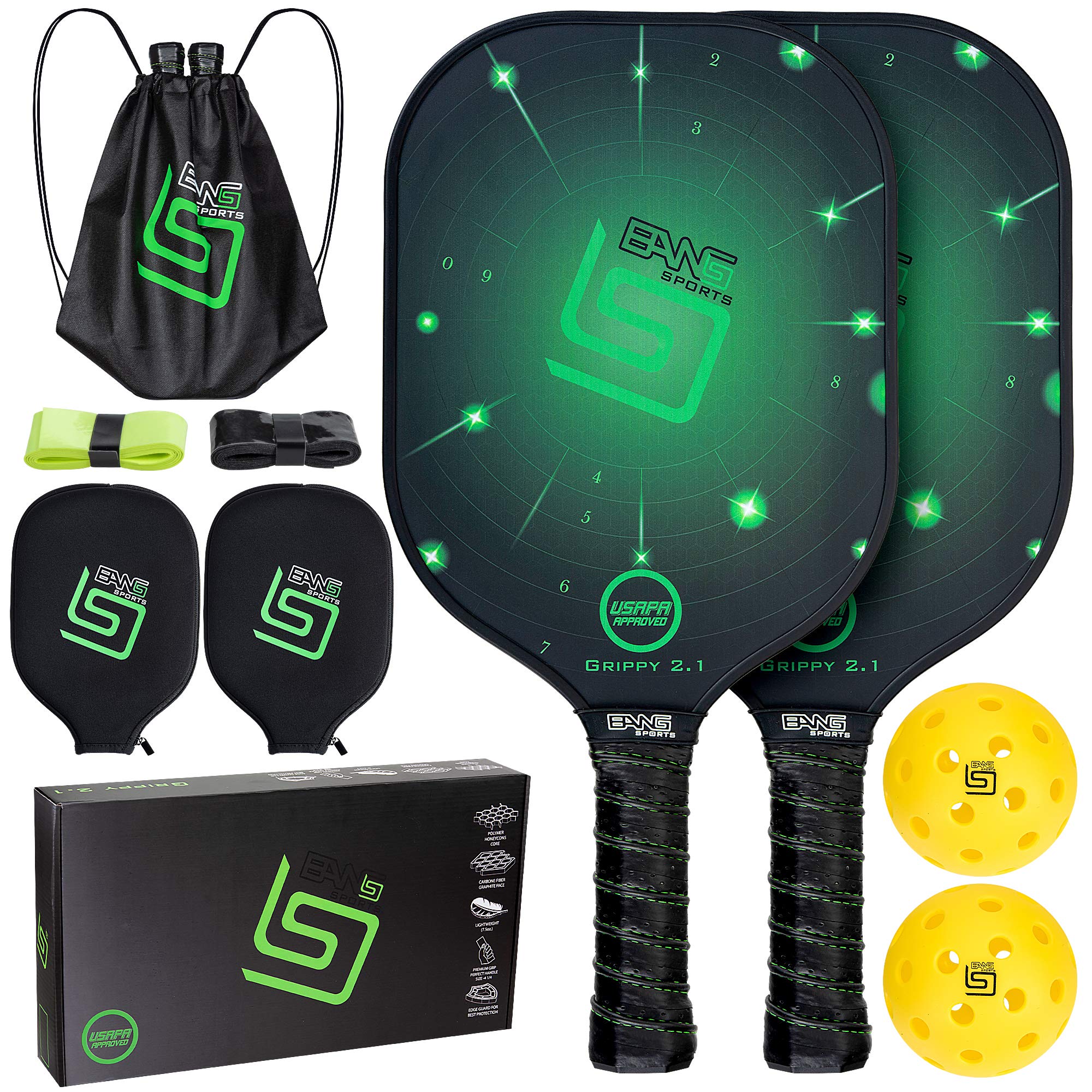 Bang Sports Pickleball Paddles Set of 2 Graphite Rackets - USAPA Approved - Best Quiet Carbon Fiber Surface - Advanced Honeycomb Polymer core - Paddles Covers - Mesh Storage Bag