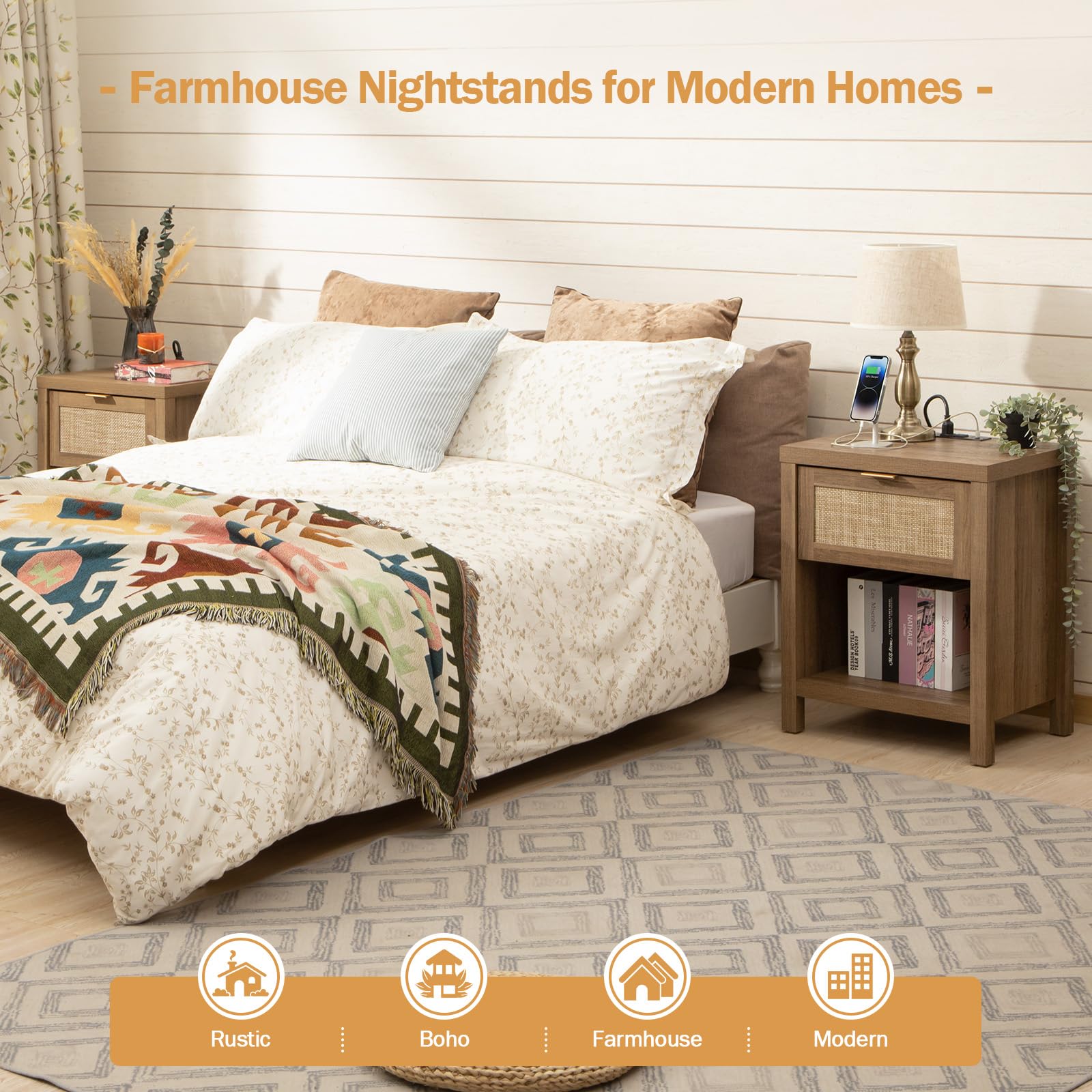 SICOTAS Rattan Nightstand Tall End Table - Farmhouse Side Table with Storage Cabinet Boho Night Stand Bedside Table for Bedroom, Small Space