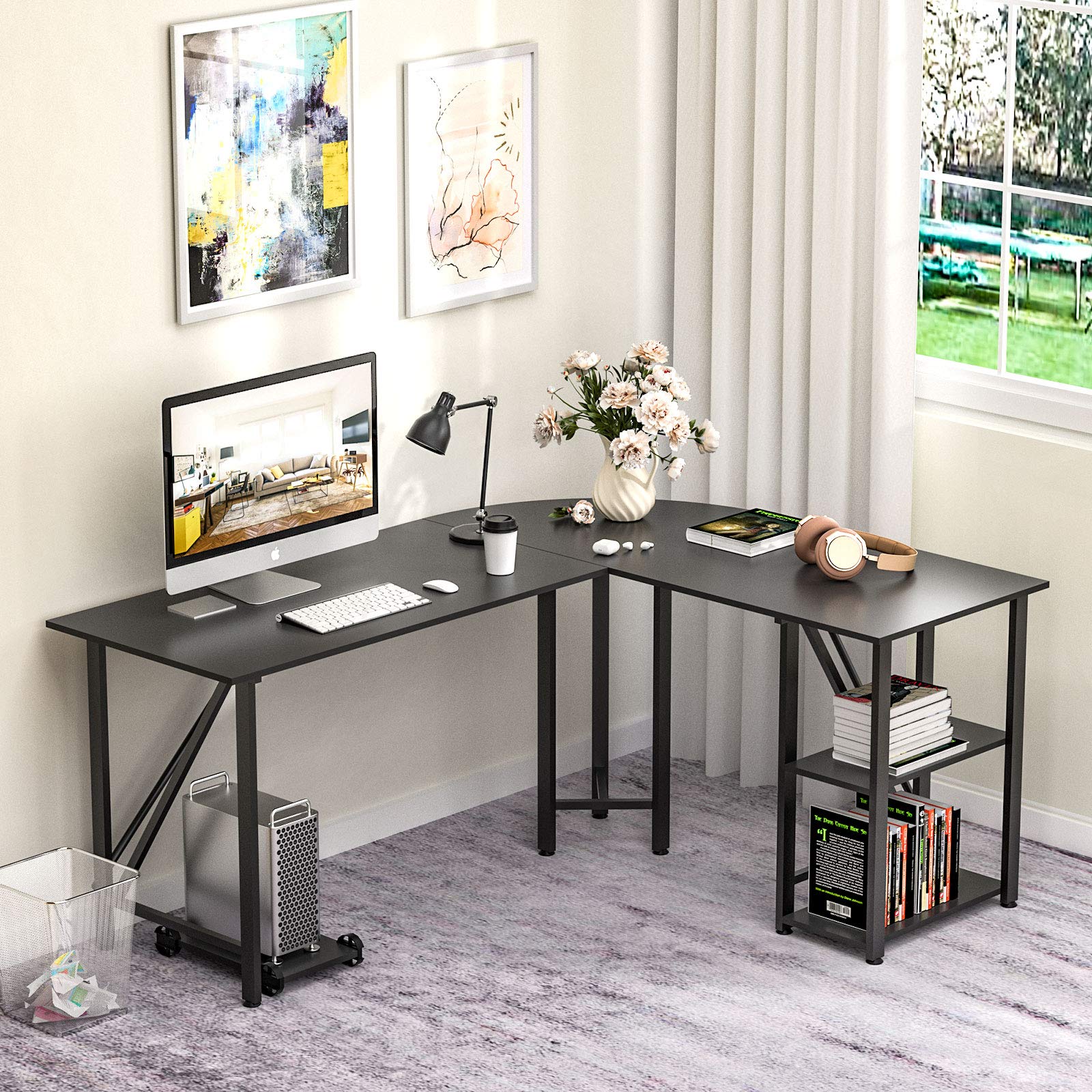 Bizzoelife 59"x55" Large L Shaped Corner Table Computer Desk, Home Office PC Laptop Gaming Desks with CPU Stand and Storage Shelf, Wood & Steel Study Writing Workstation for Space-Saving (All Rustic)
