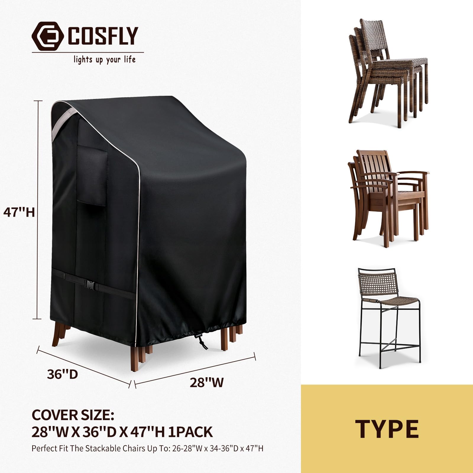 COSFLY Stackable Patio Chairs Covers Waterproof, Outdoor Furniture Covers Heavy Duty for 4-6 Stacking Chairs 1Pack - Fits up to 28w x 36D x 47H inches (Beige)