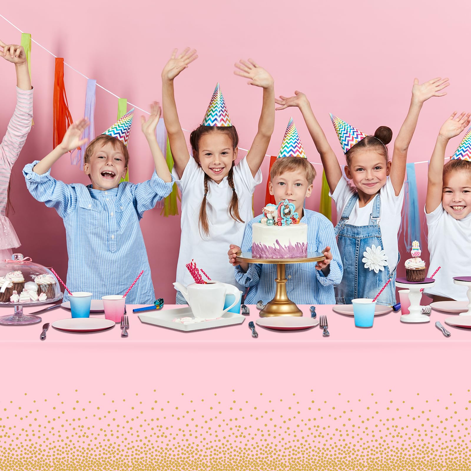 FunnyPars 4 Pack Pink and Gold Plastic Tablecloth for Parties, Disposable Table Cloth Rectangle Tables, Stamping Dot Confetti Light Birthday Wedding Baby Shower Party, 54''x108''