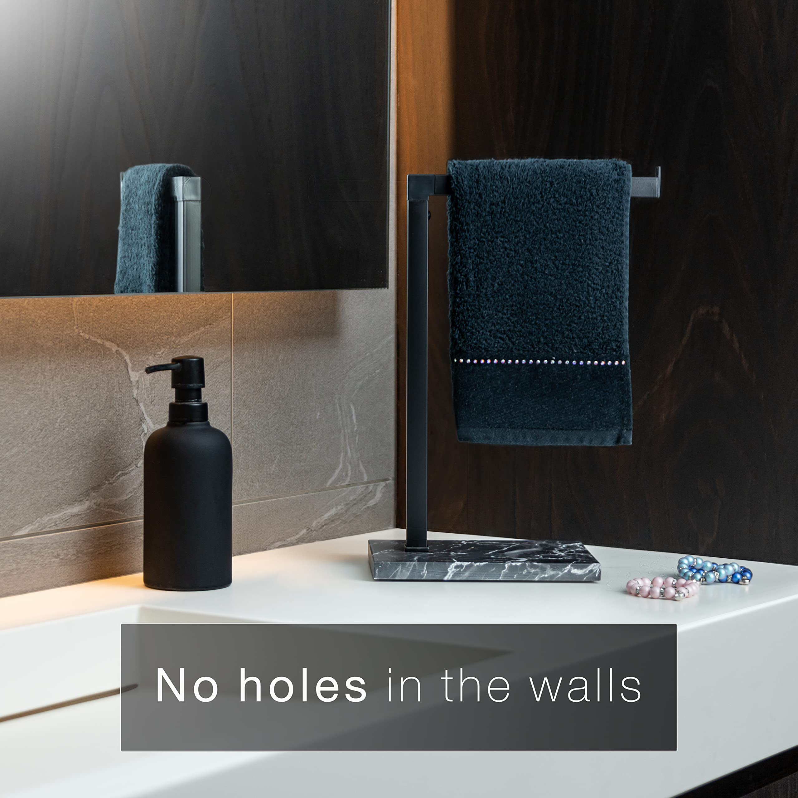 Debodda Modern Hand Towel Stand for Bathroom, Kitchen or Vanity, Height 13.78”, Free Standing Countertop Rack with Marble Balanced Base, Perfect Hand Towel Holder, Dual Washcloth Display, Black Marble