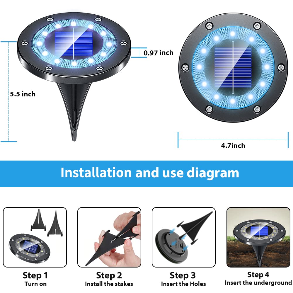 Biling Solar Ground Lights Outdoor Grid Design Shell, Solar Powered Frosted Black Outdoor Waterproof, 8 LED Solar Disk Lights for Pathway Garden Yard Landscape Patio Lawn - Warm White (4 Pack)