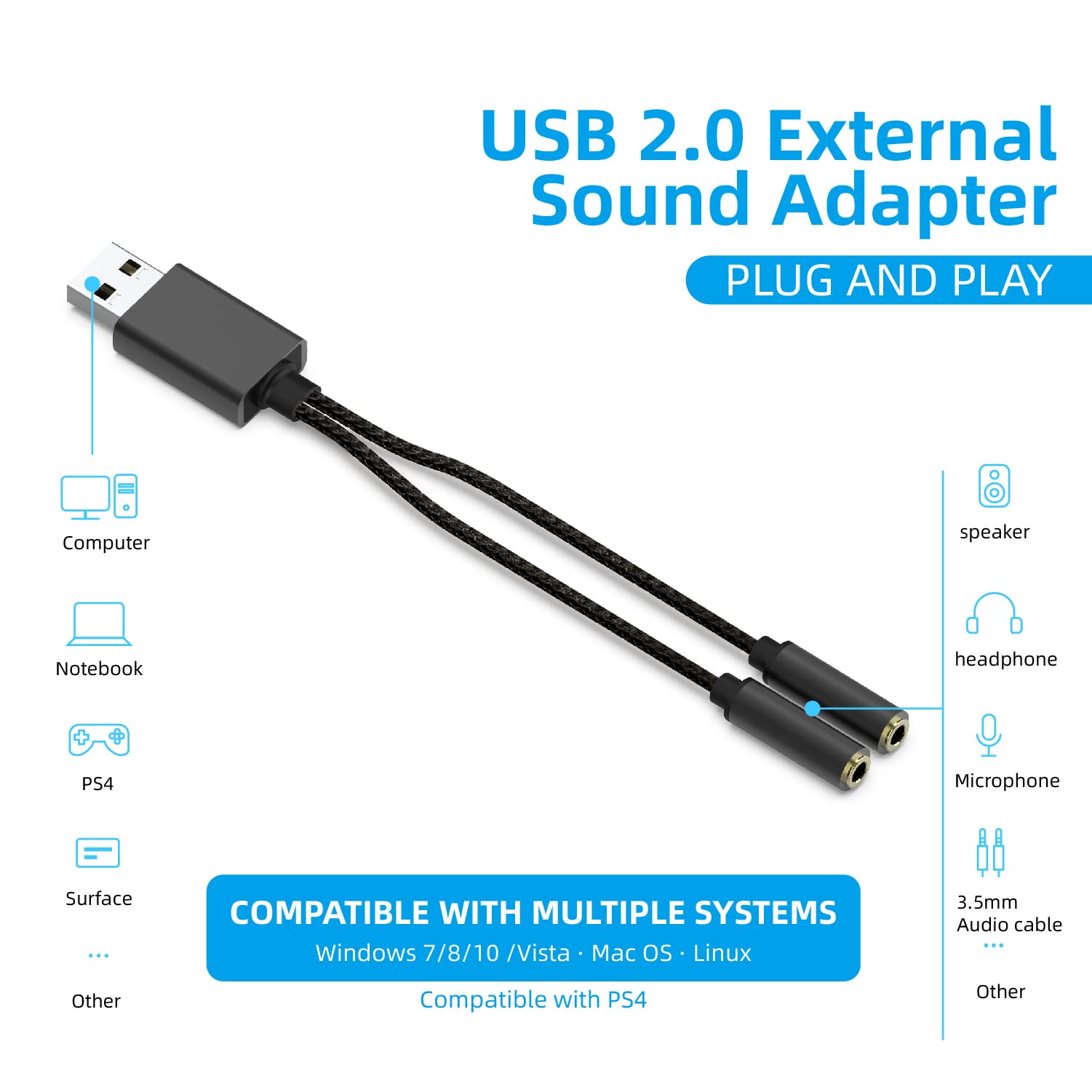 EBEETECH USB to Dual 3.5mm Audio Jack Adapter, Mic-Supported Headphone Adapter for Two Headphones, Speakers to Laptop, with 3-Pole 3.5mm Jack Audio Cables (20cm&100cm) [3 Pack], Black