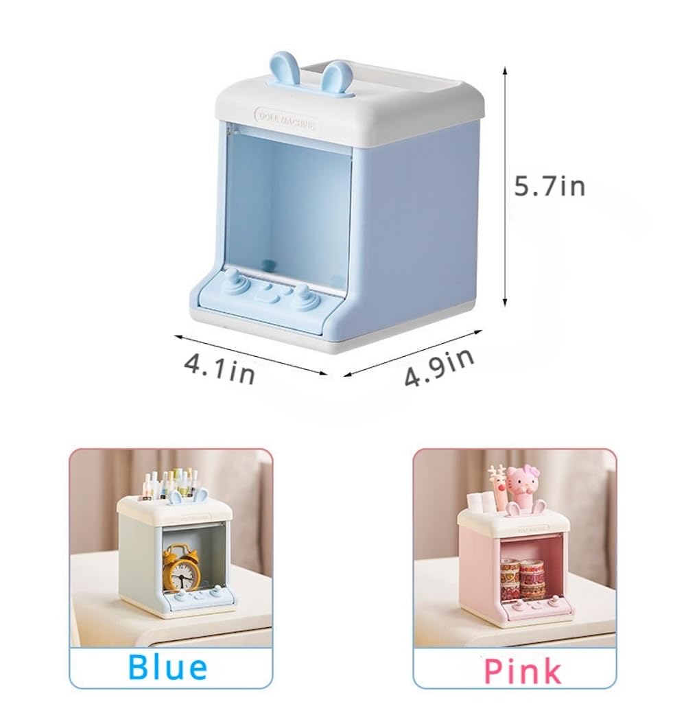 Cosmetics Storage Box with Kawaii Stickers Makeup Organizer Bunny Pen Holder Cute Rabbit Ears Aesthetic Pencil Case (Blue+Random Pattern Stickersv)