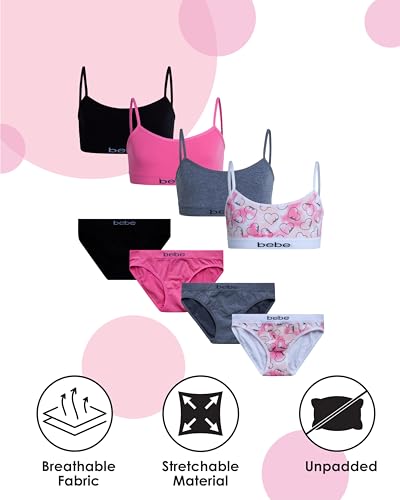 bebe Girls' Underwear Set - Seamless Cami Training Bra and Matching Panties (8 Piece), Size Medium, Tie Dye Hearts