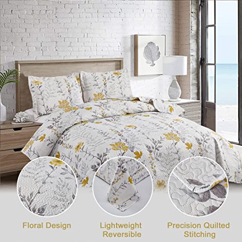 Quilt Set Queen Floral Bedspread Coverlet Queen Floral Quilts Bedding Spring Summer Lightweight Quilts Bedspread Reversible Bedding Grey Leaf Yellow Floral Quilt Collection Bedspread with Pillow Shams