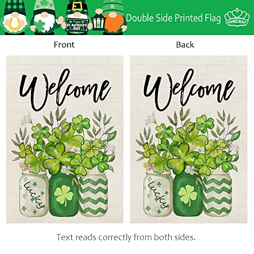 CROWNED BEAUTY St Patricks Day Garden Flag 12x18 Inch Double Sided for Outside Small Burlap Green Shamrocks Clovers Lucky Welcome Yard Holiday Flag CF725-12