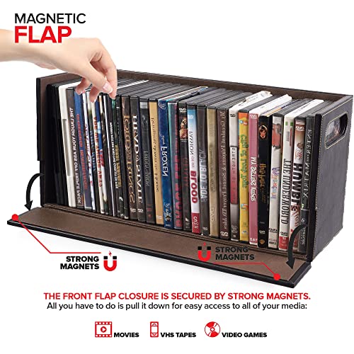 Stock Your Home DVD Storage Box, Movie Shelf Organizer for Blu-Ray, Video Game Cases, CDs, VHS Tape Display Stand, Disc Holder Can Store Up to 28 DVDs, Faux Leather (Brown)