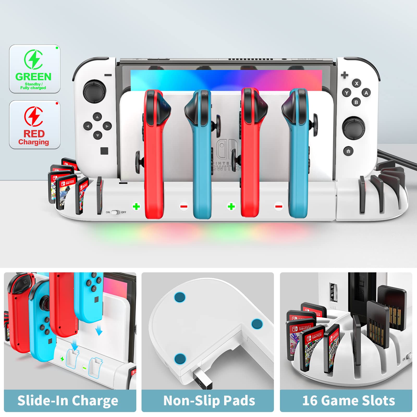 Charging Dock Compatible with Nintendo Switch Controllers, Joy-Controller Charger Station with 8 Game Storage Powered by Original & OLED Model, Switch Charger Stand for 6 Joy-Controller Charge (White)