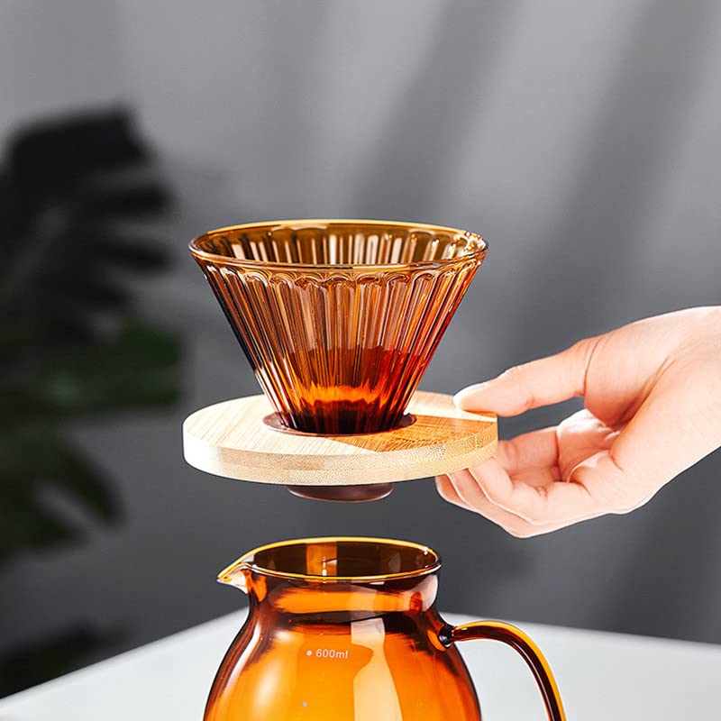 Sunormi Orange Glass Pour Over Coffee Dripper With Wooden Base Stand,1-3 Cups Coffee Cone Filter with 40Pcs Paper Filters