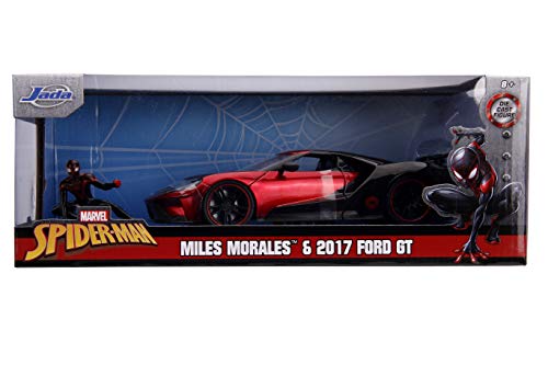Jada Toys Marvel 1:24 2017 Ford GT Die-cast Car with 2.75" Miles Morales Spider-Man Figure, Toys for Kids and Adults Black and Red