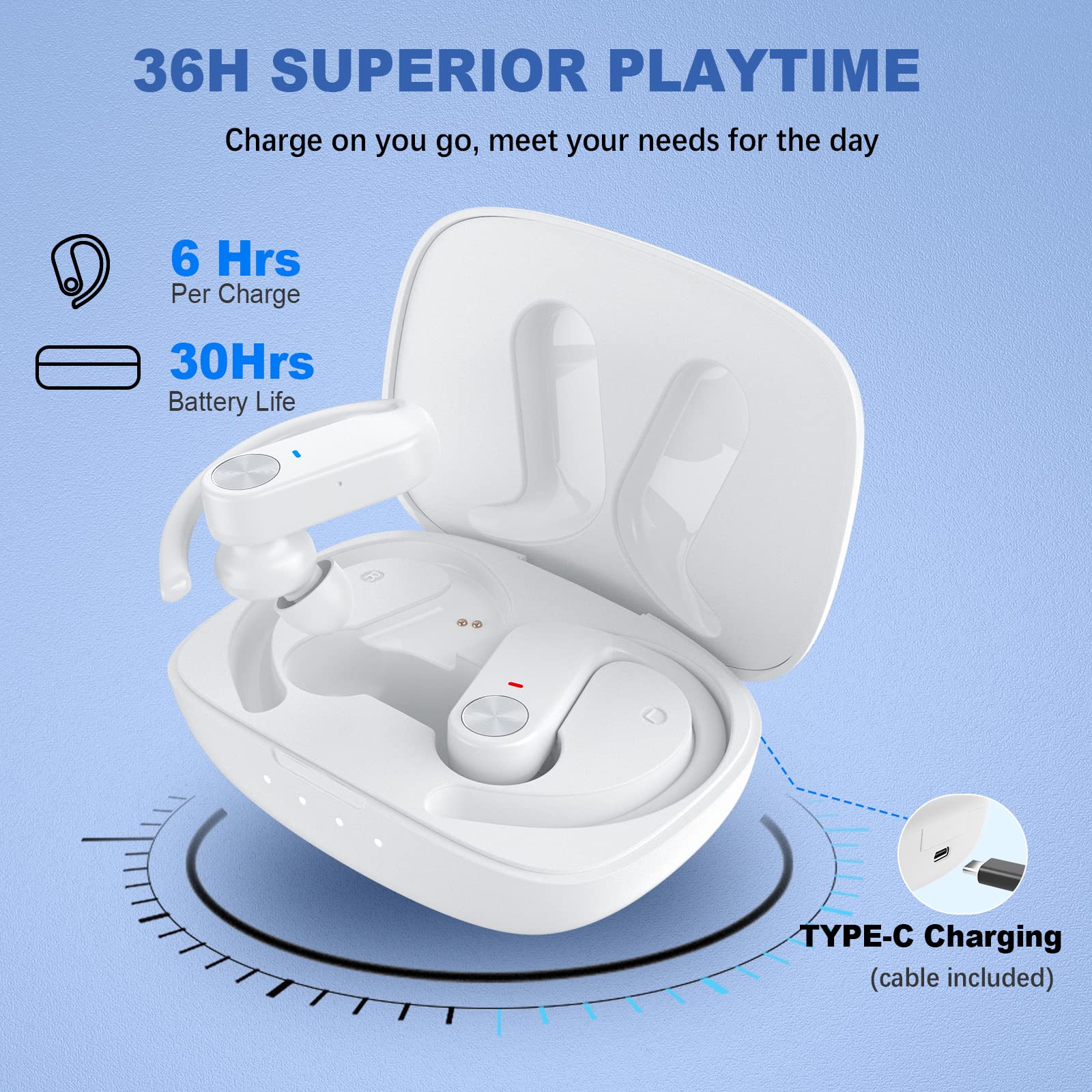 BEBEN Wireless Earbuds, 35H Playtime Bluetooth Headphones with Mics and Charging Case for iPhone Android, Waterproof Running Headphones for Gym Workout, Hi-Fi Sound Over Ear Buds with Earhooks-White