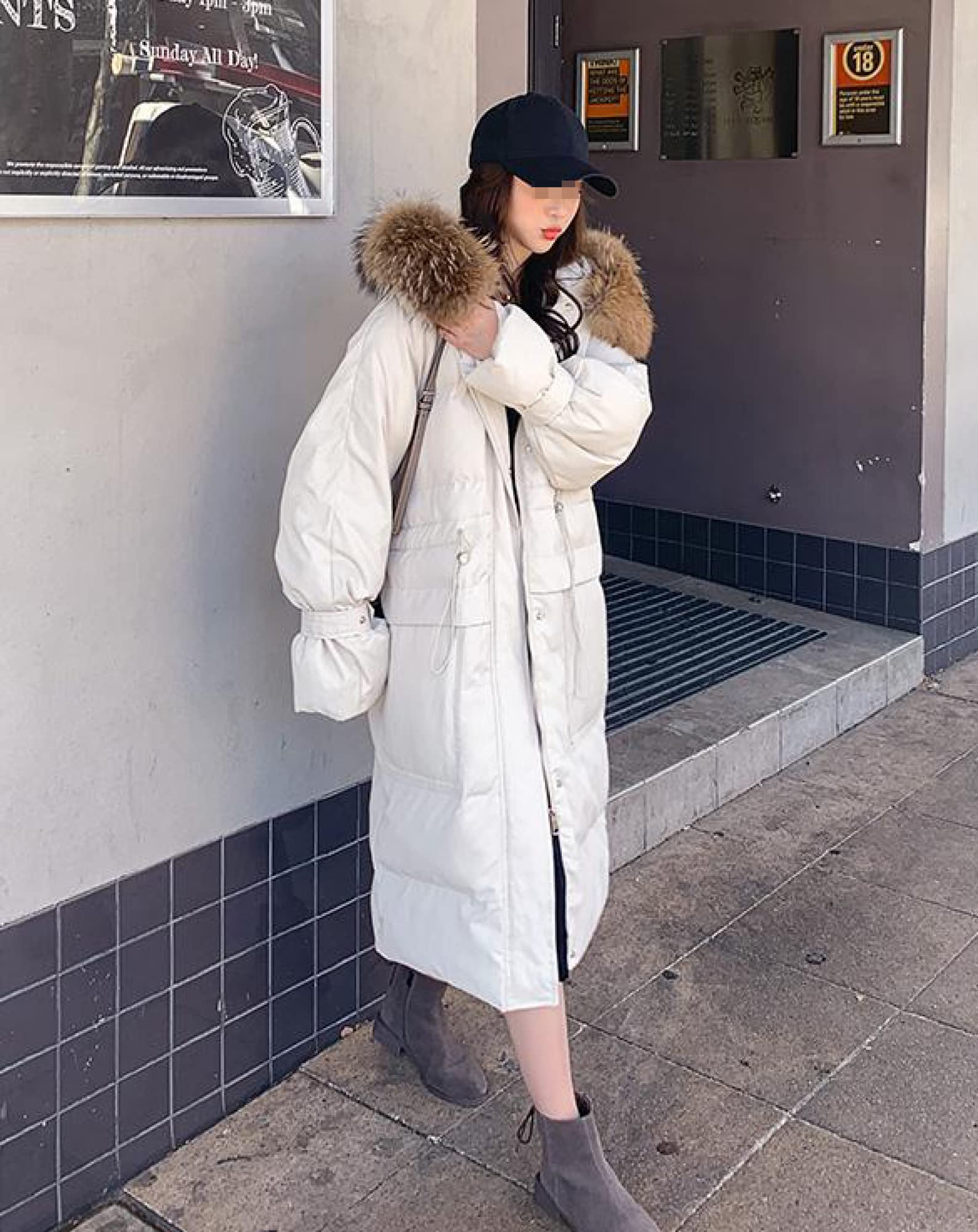 BLFYQB Down Padded Women in The Long Section Thigh Winter Loose Hooded Coat Thicken The Little Man Jacket Coat Soft and Comfortable/Beige/S