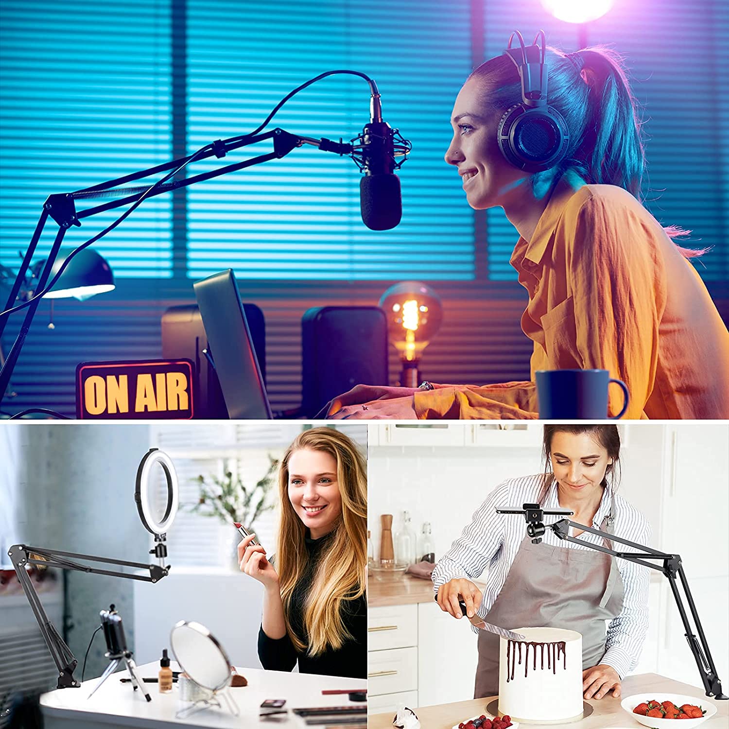 CAHAYA Microphone Arm Stand Suspension Boom Scissor Phone Stand with Pop Filter 2 Mic Clips and 3/8" to 5/8" Adapter Adjustable Suspension Boom Scissor Microphone Stand White
