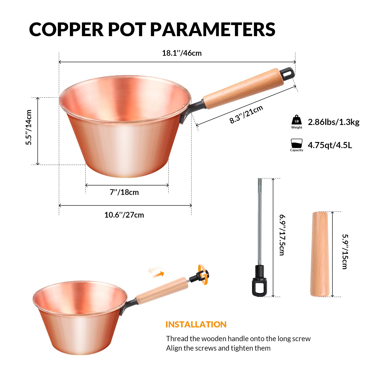 Copper Jam Pot, Cornmeal Copper Pot, 13-Inch Diameter, 5-Quart Capacity, Pure Copper Handles, Handmade, Traditional Copper Pot, Ideal for 8 People