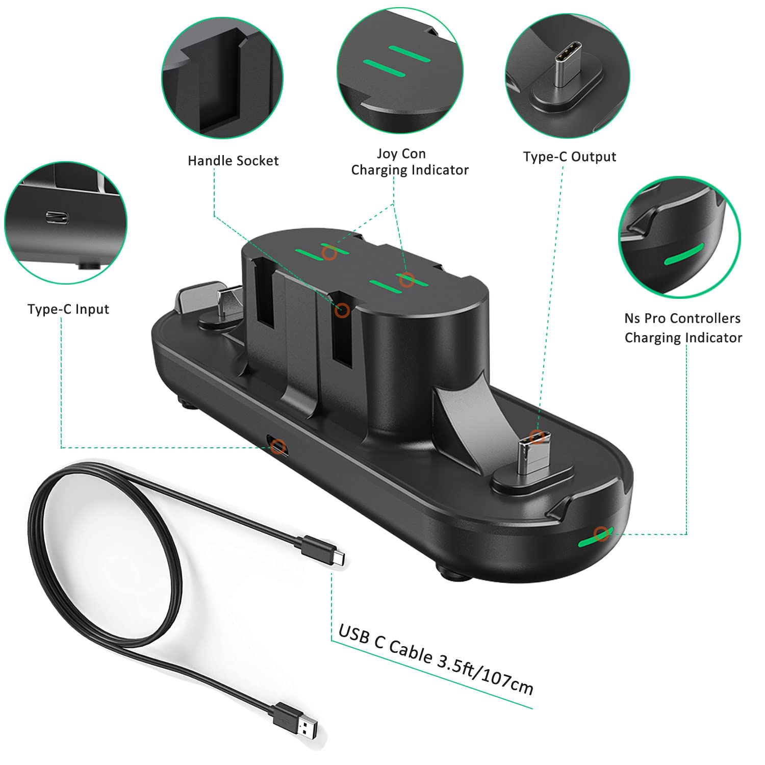 Charging Dock, Charging Station Dock Compatible with Nintendo Switch Pro Controllers and for Joy Cons & OLED Model for Joycon,6 in one Charger Stand for Switch with 2 USB 2.0 Plug and 2.0 Ports