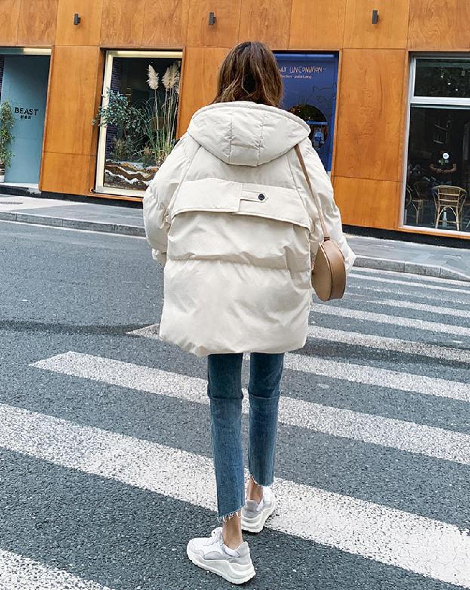BLFYQB Padded Women Loose Short Paragraph Student Thicken Bread Service Cotton Jacket Winter Cotton-Padded Jacket Fit The Wrist Cuffs/Beige/S