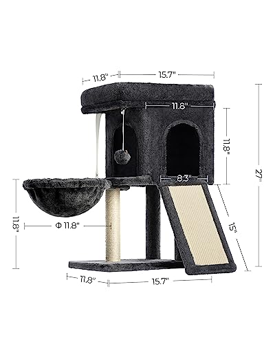 FourFurPets Cat Tree, 27in Cat Tower, Cat Condo for Kittens, Large Cat Perch, Cat Caves, Cat Basket, Sisal Scratching Board, Smoky Gray