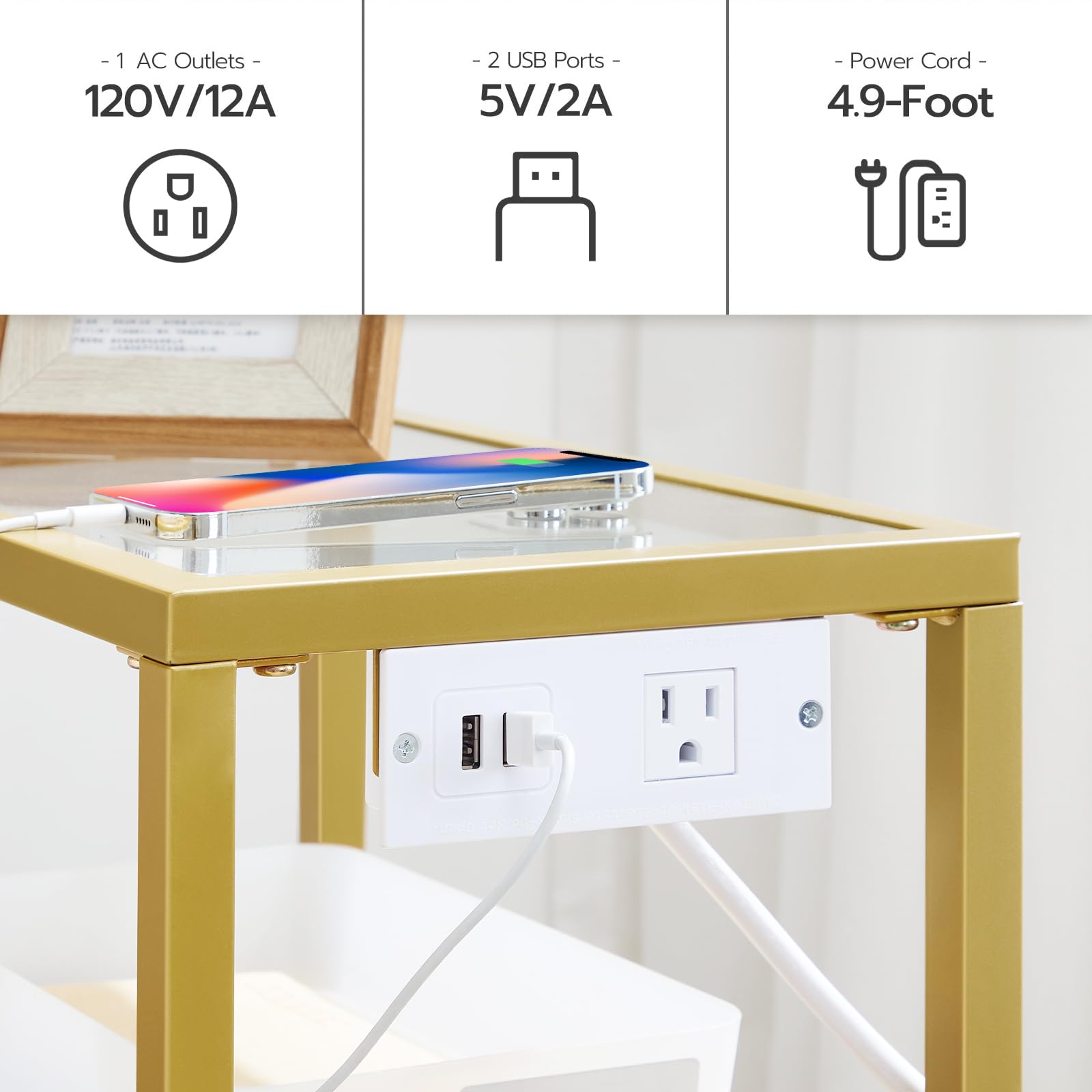 HOOBRO End Table with Charging Station, 3-Tier Side Table, Nightstand with USB Ports & Outlet, Sofa Table with Storage Shelves, Tempered Glass, Modern Style, for Living Room, Bedroom, Gold GD57UBZ01