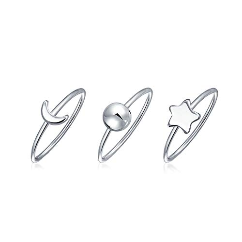 Bling Jewelry Minimalist Delicate Sun Moon Star Knuckle Thin 1MM Band Stackable Celestial Midi Three Ring Set For Women Teen .925 Sterling Silver