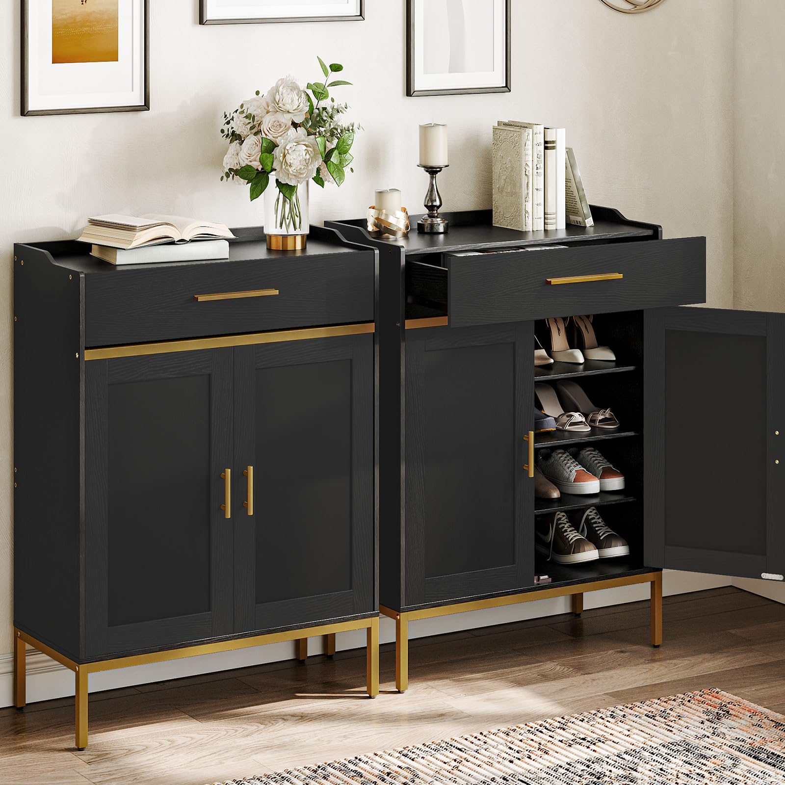 HOOBRO Shoe Storage Cabinet, Narrow Shoe Cabinet, Shoe Cabinet Storage for Entryway, Freestanding Shoe Organizer Cabinet, Shoe Rack Cabinet with Adjustable Shelves, Gold and Black DB14SC01